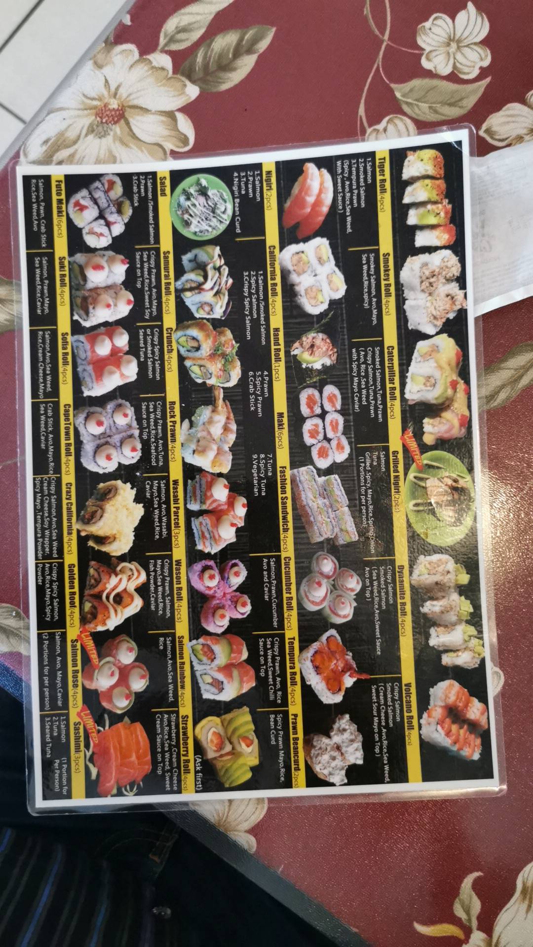 Menu at Wason Chinese Sushi restaurant, Cape Town