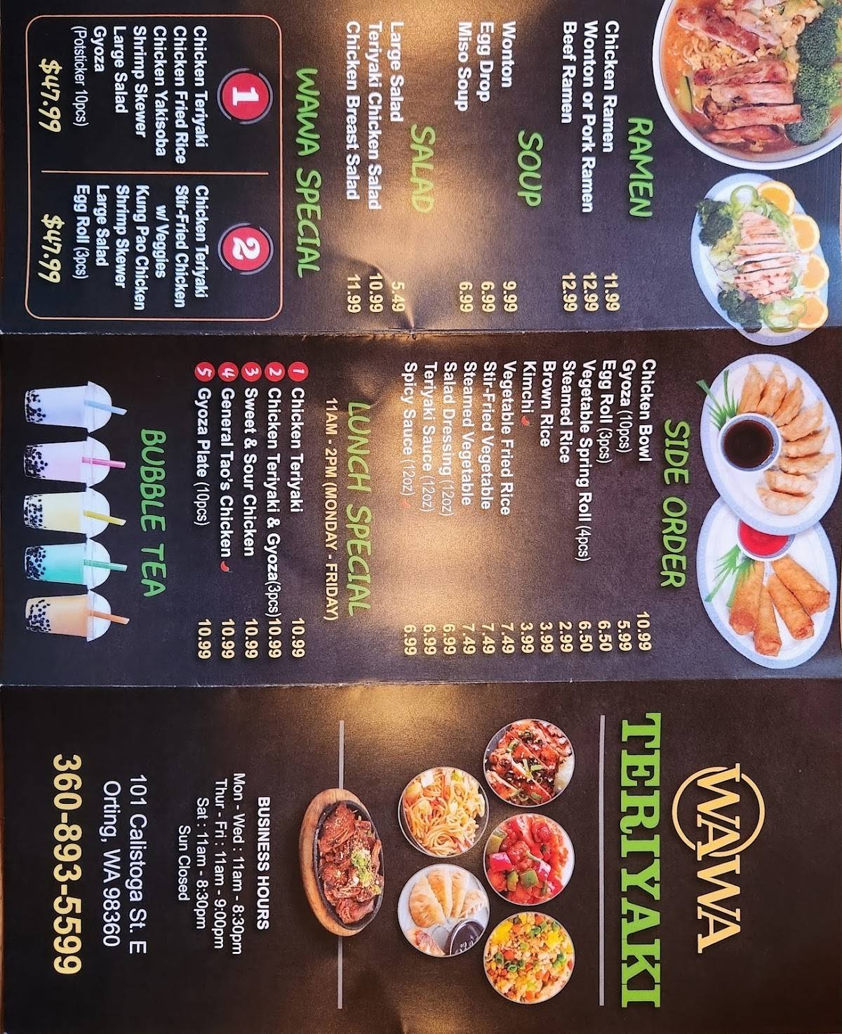 Menu at Wawa Teriyaki restaurant, Orting