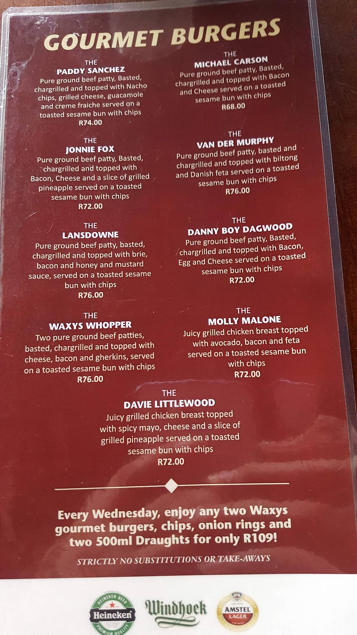 Menu at Waxy O'Connors restaurant, Durban