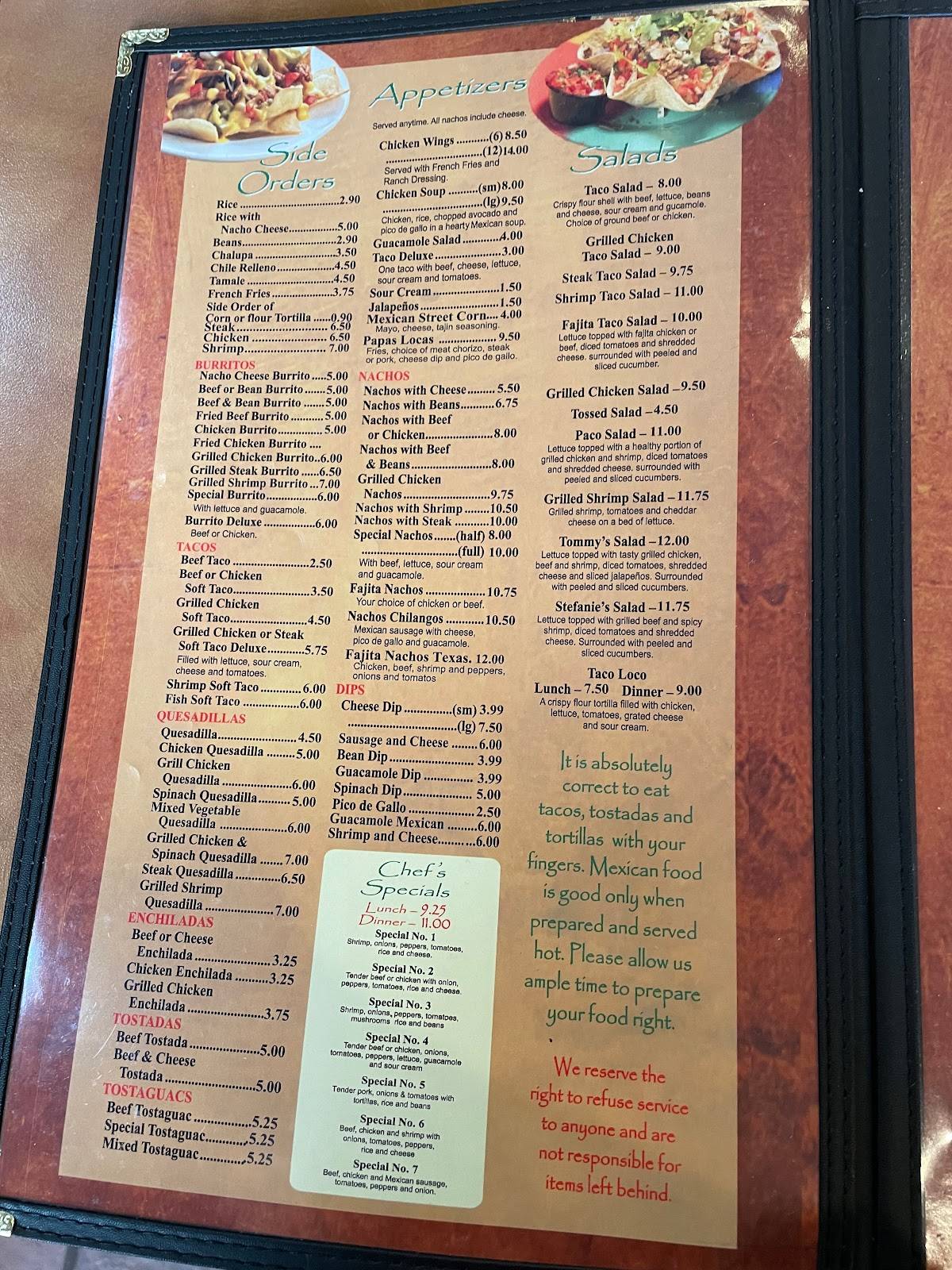 Menu at Monte D Rey restaurant, West Jefferson