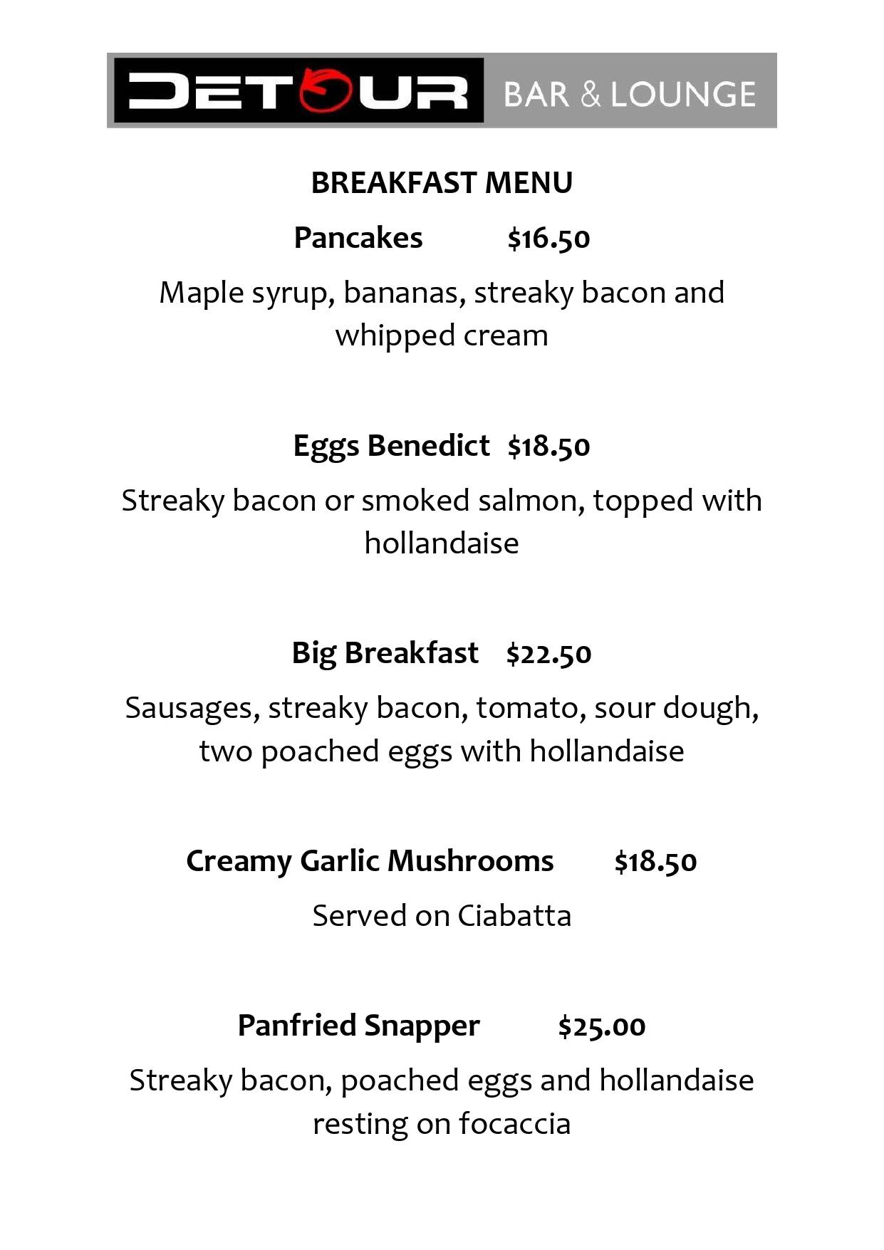 Menu at Detour Bar, Lounge And Restaurant, Whakatane