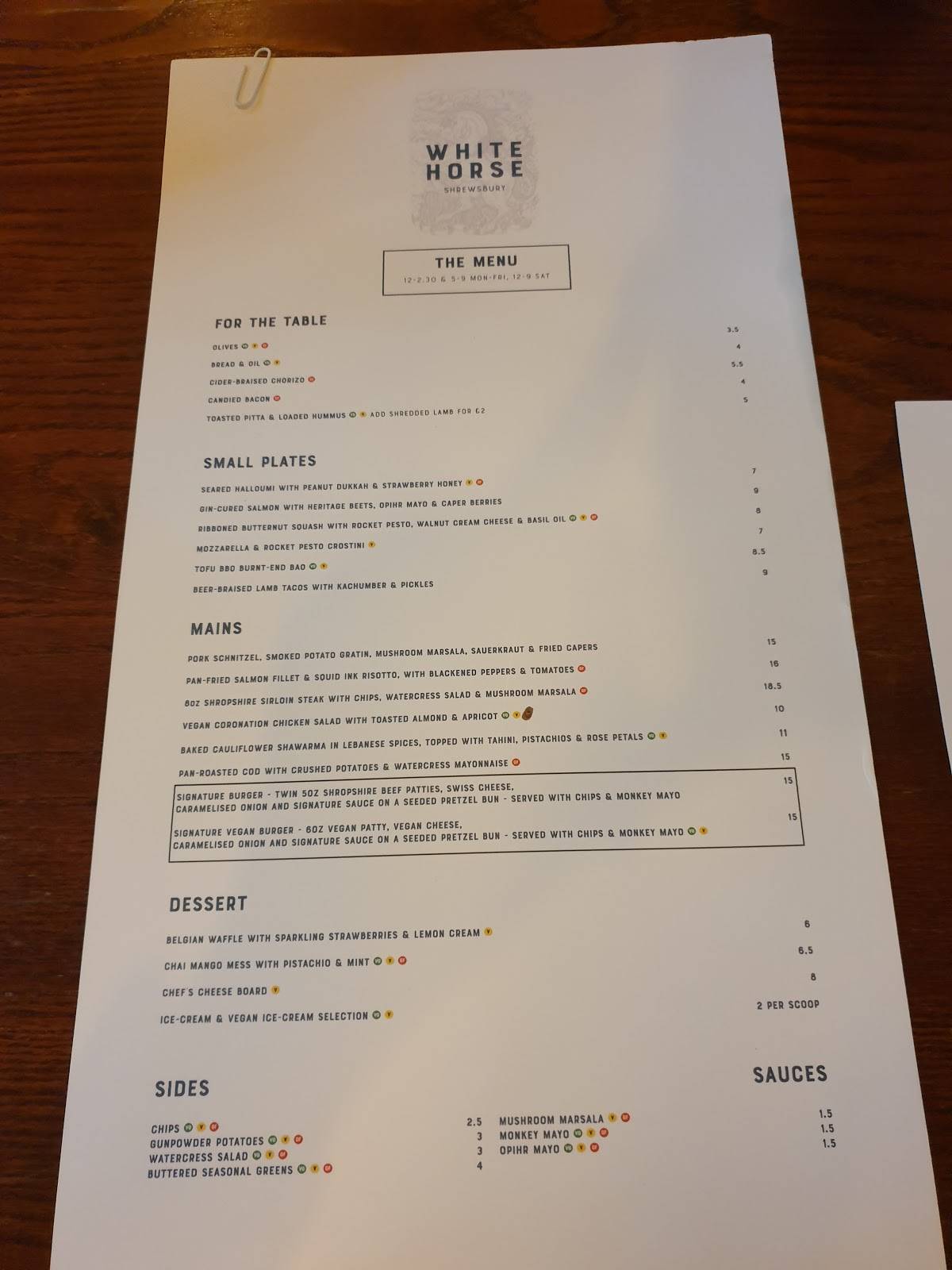 Menu at White Horse pub & bar, Shrewsbury