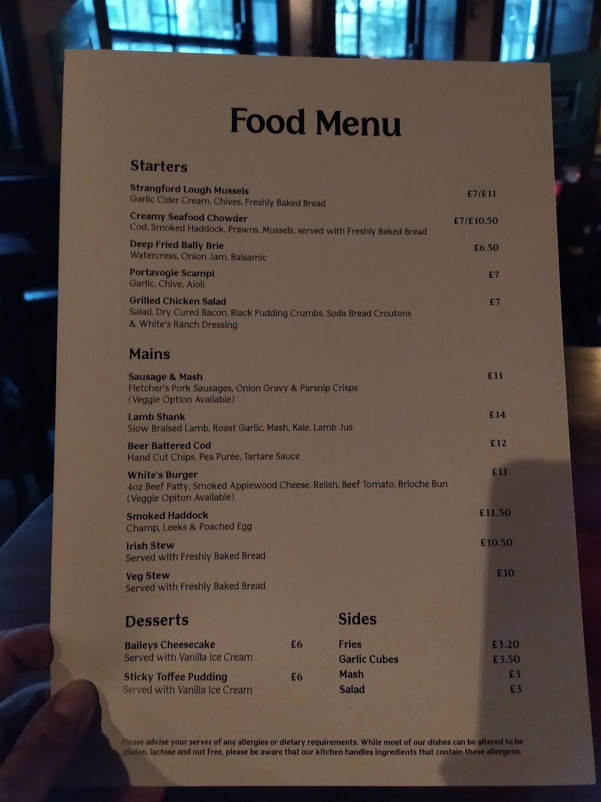 Menu at Whites Tavern pub & bar, Belfast