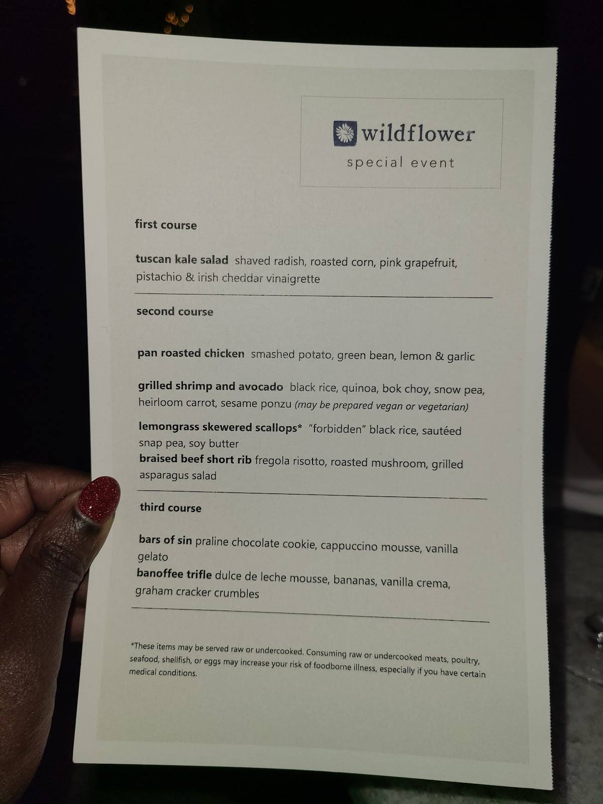 Menu at Wildflower restaurant, Tucson