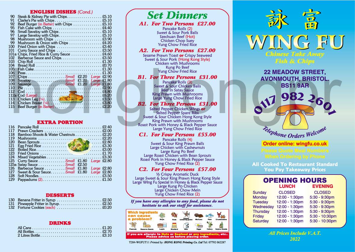 Menu at Wing Fu Chinese Takeaway fast food, Bristol