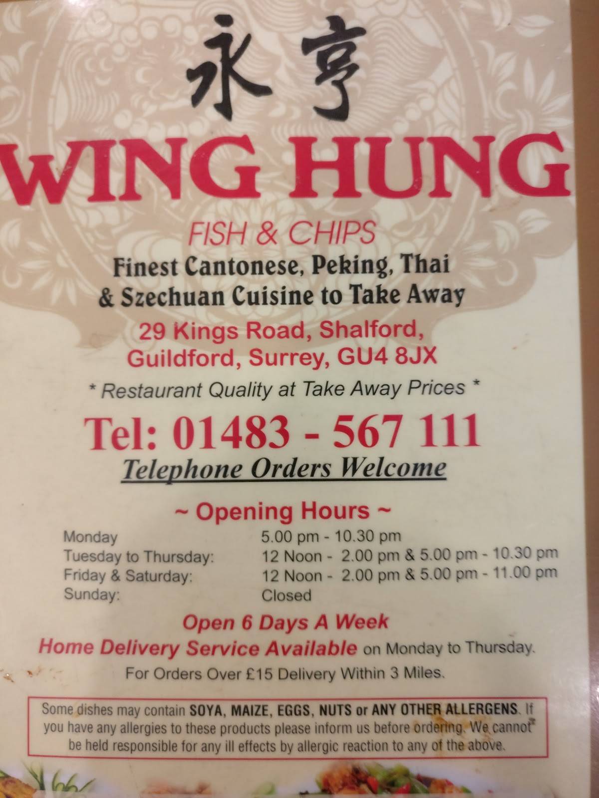Menu at Wing Hung fast food, Guildford