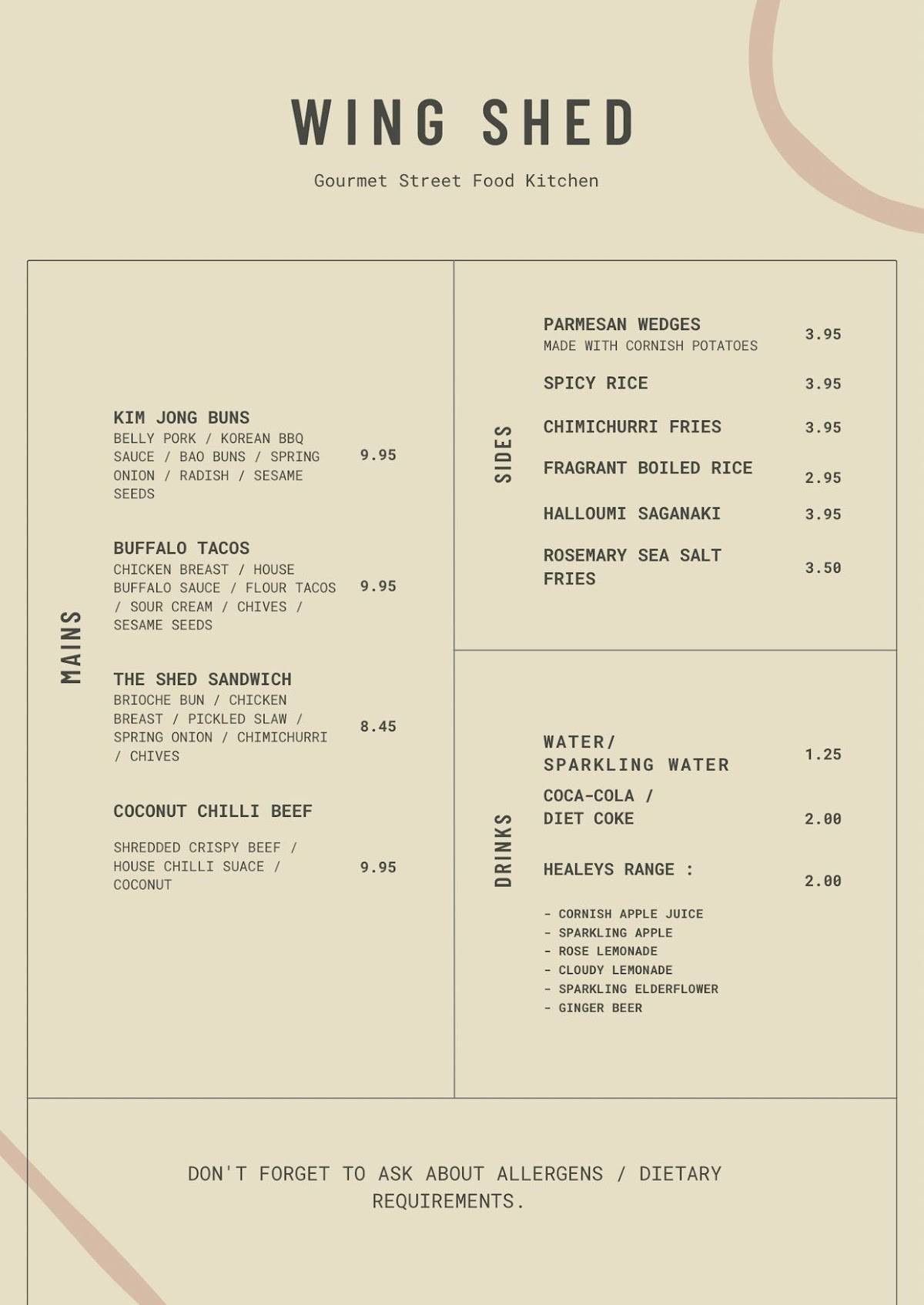 Menu at Wing Shed restaurant, Truro