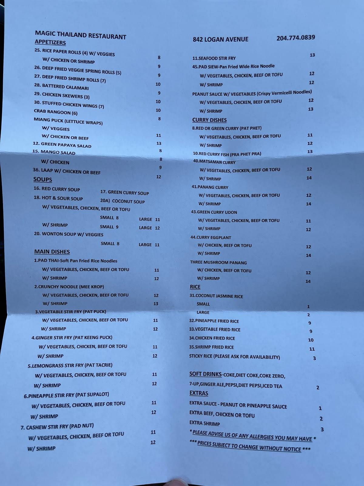 Menu at Magic Thailand Restaurant, Winnipeg
