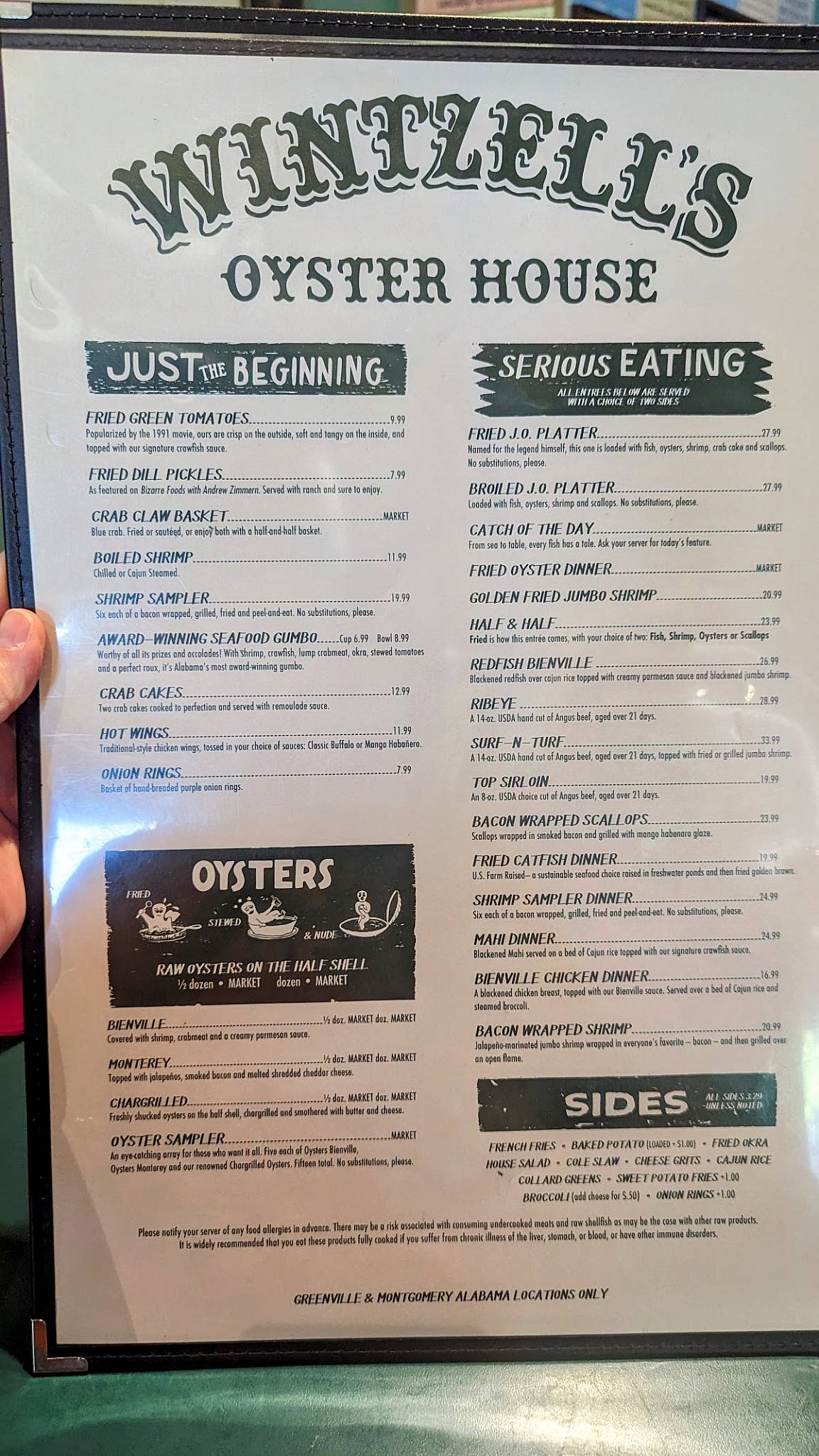 Menu at Wintzell's Oyster House restaurant, Montgomery, 105 Commerce St