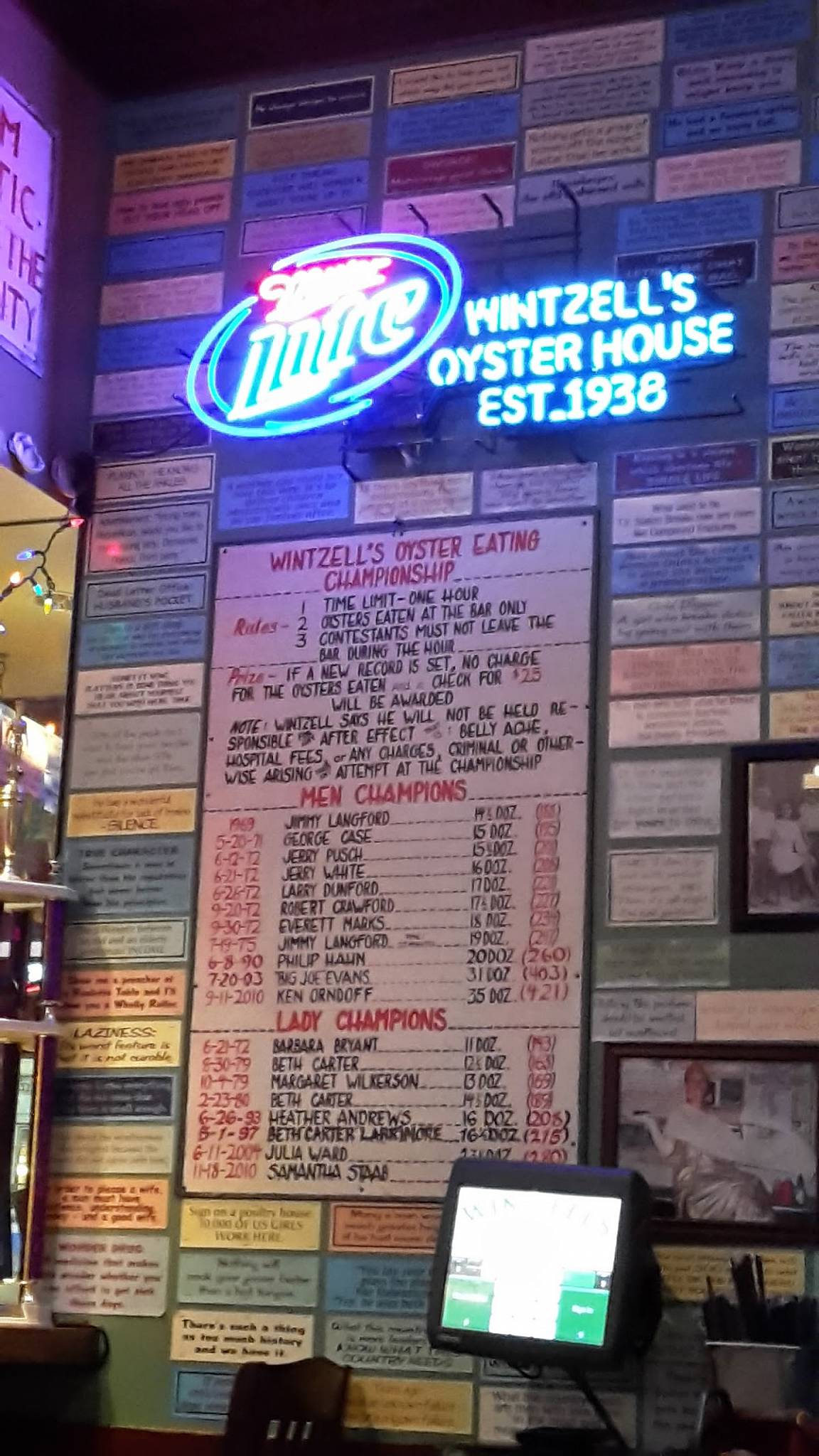 Menu at Wintzell's Oyster House restaurant, Montgomery, 105 Commerce St