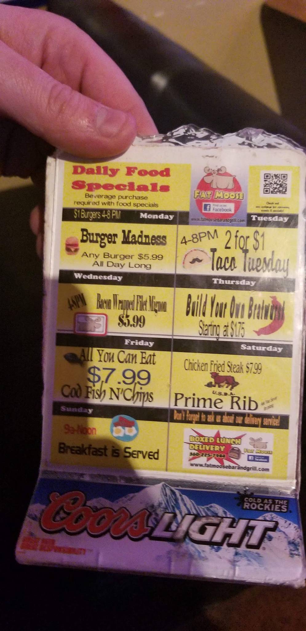 Menu at Fat Moose Bar & Grill, Woodland