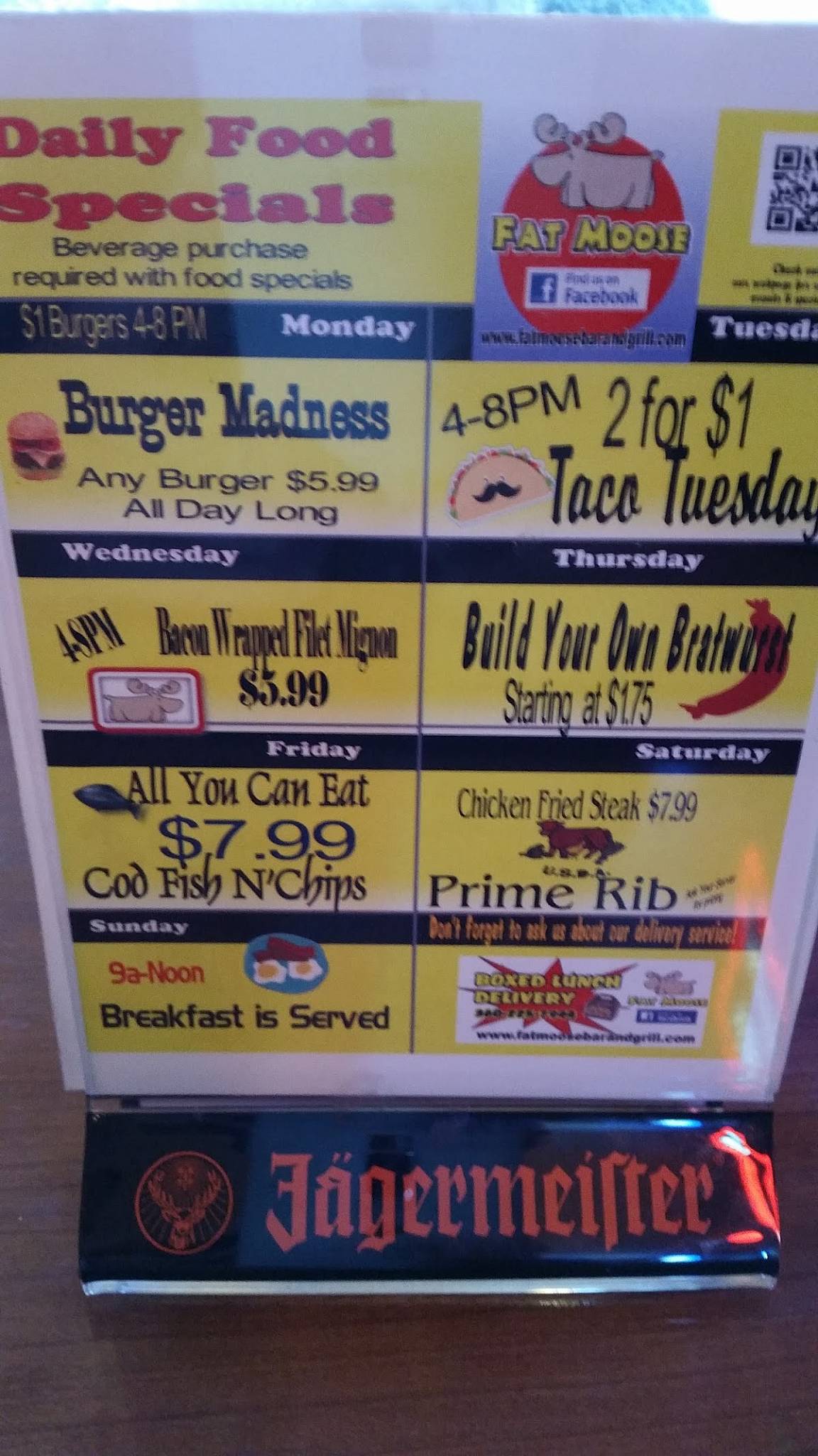 Menu at Fat Moose Bar & Grill, Woodland