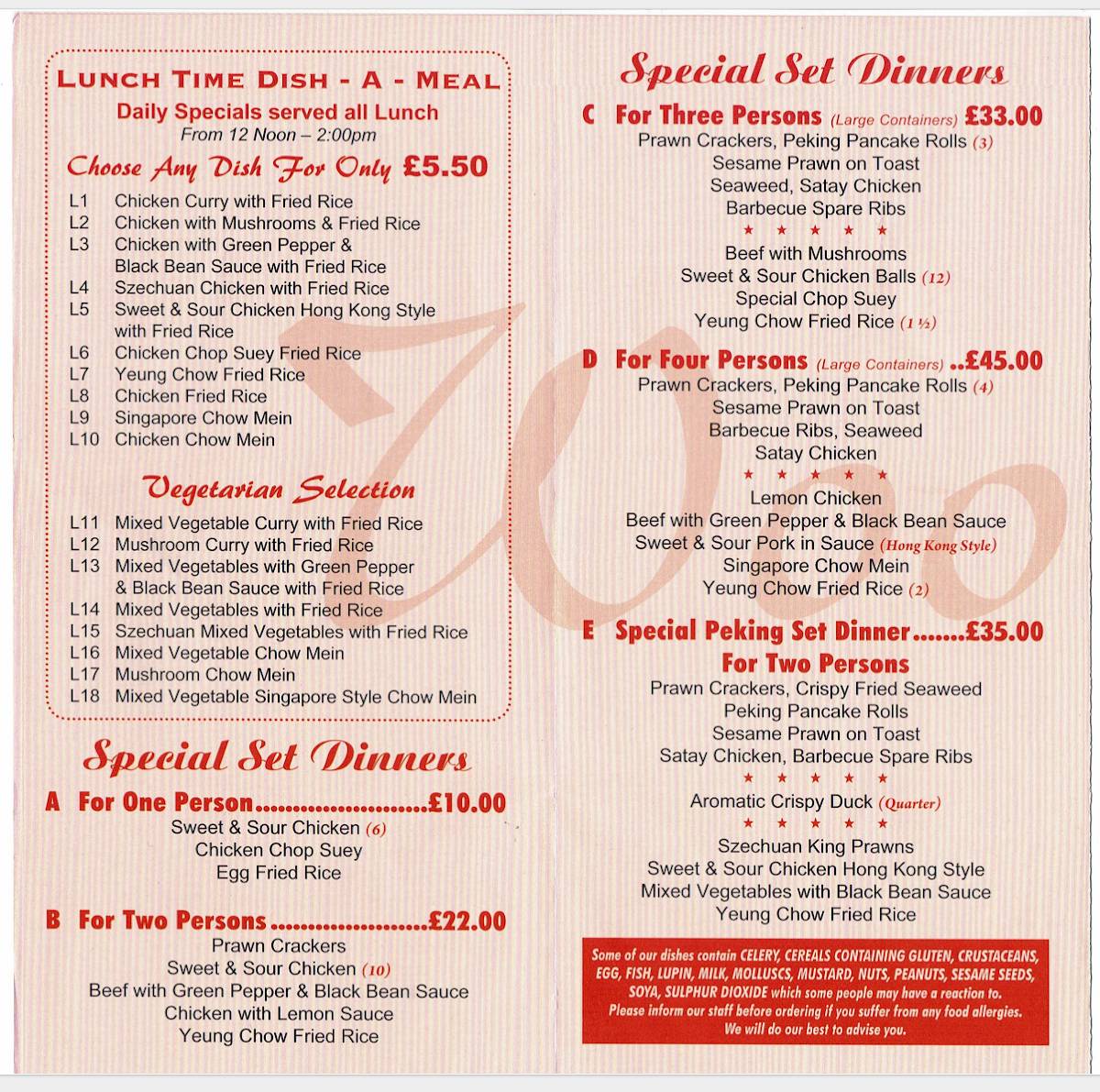 Menu at Woo’s Takeaway fast food, Basingstoke