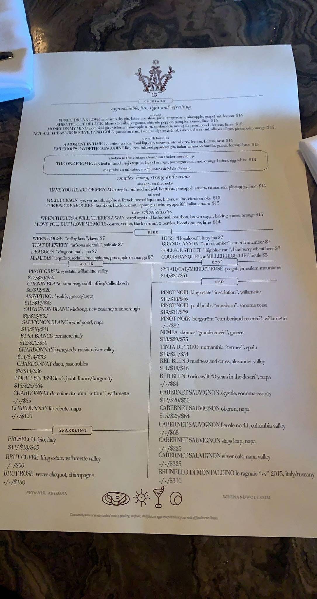 Menu at Wren & Wolf pub & bar, Phoenix