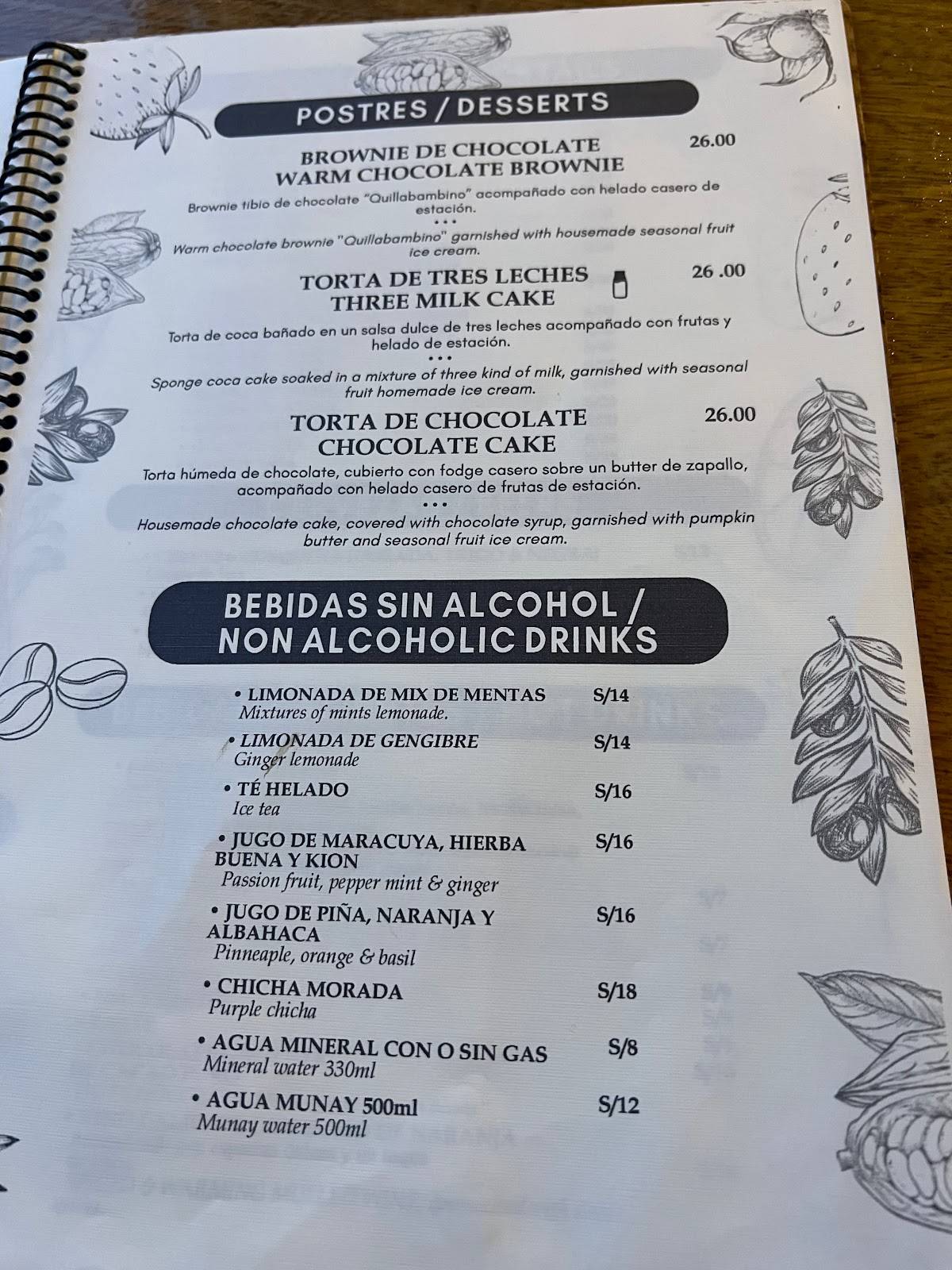 Menu at Yaku Restaurant, Cusco