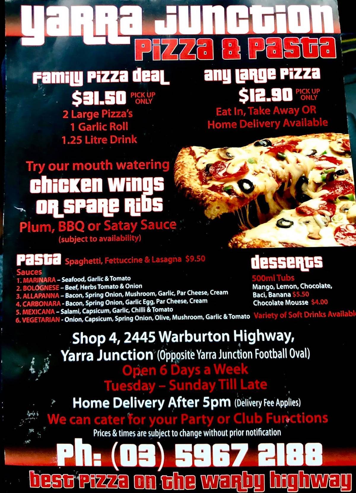 Menu at Yarra Junction Pizza fast food, Yarra Junction, Warburton Hwy