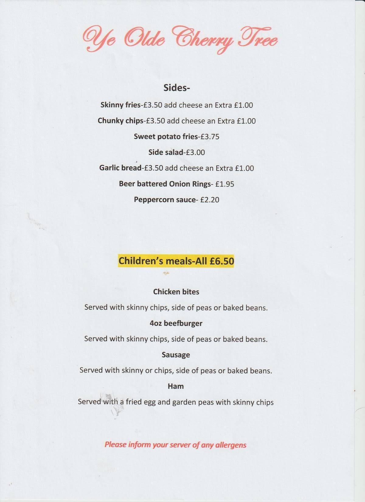 Menu at Ye Olde Cherry Tree, little oakley pub & bar, Harwich