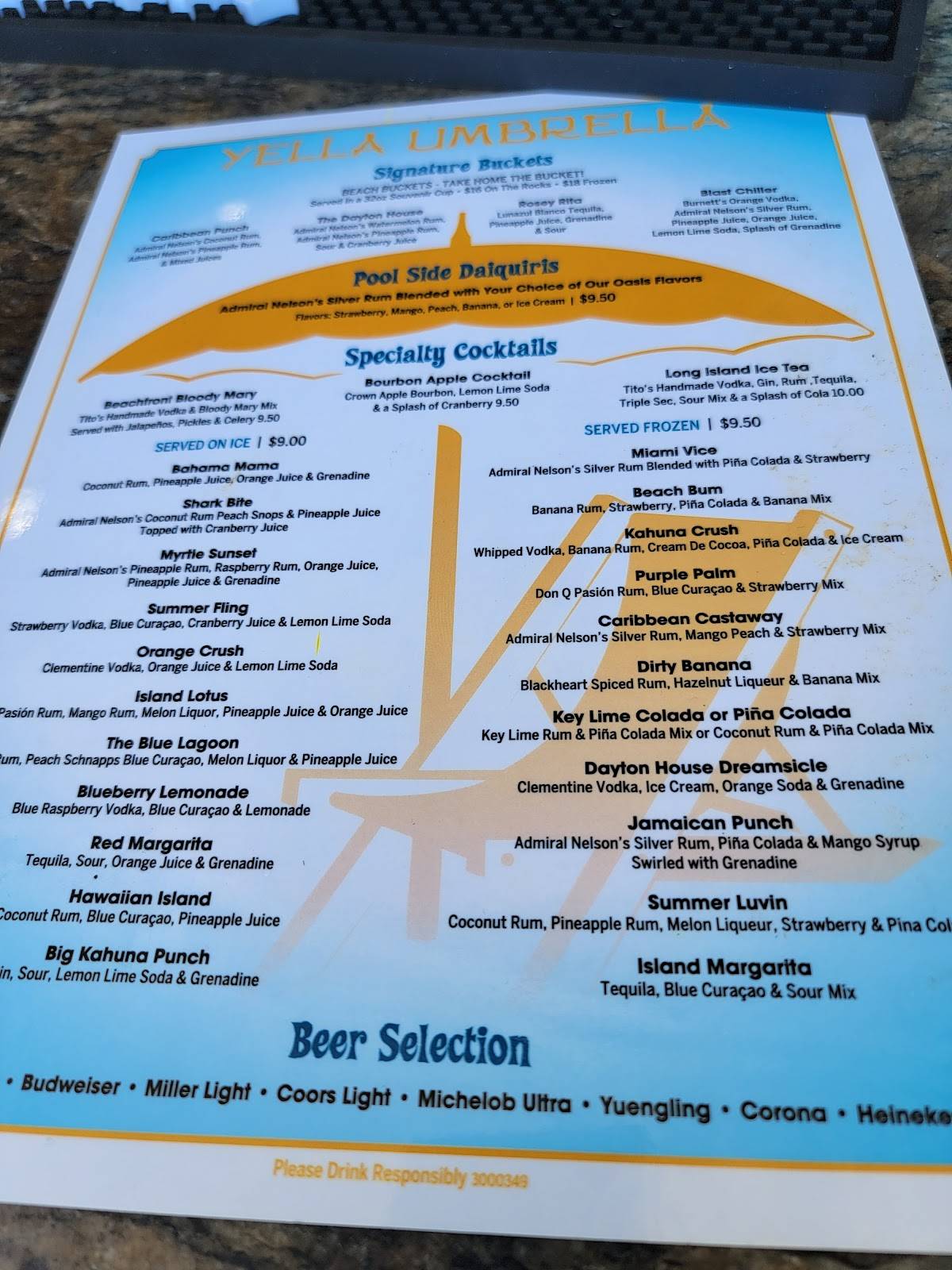 Menu at Yella Umbrella pub & bar, Myrtle Beach
