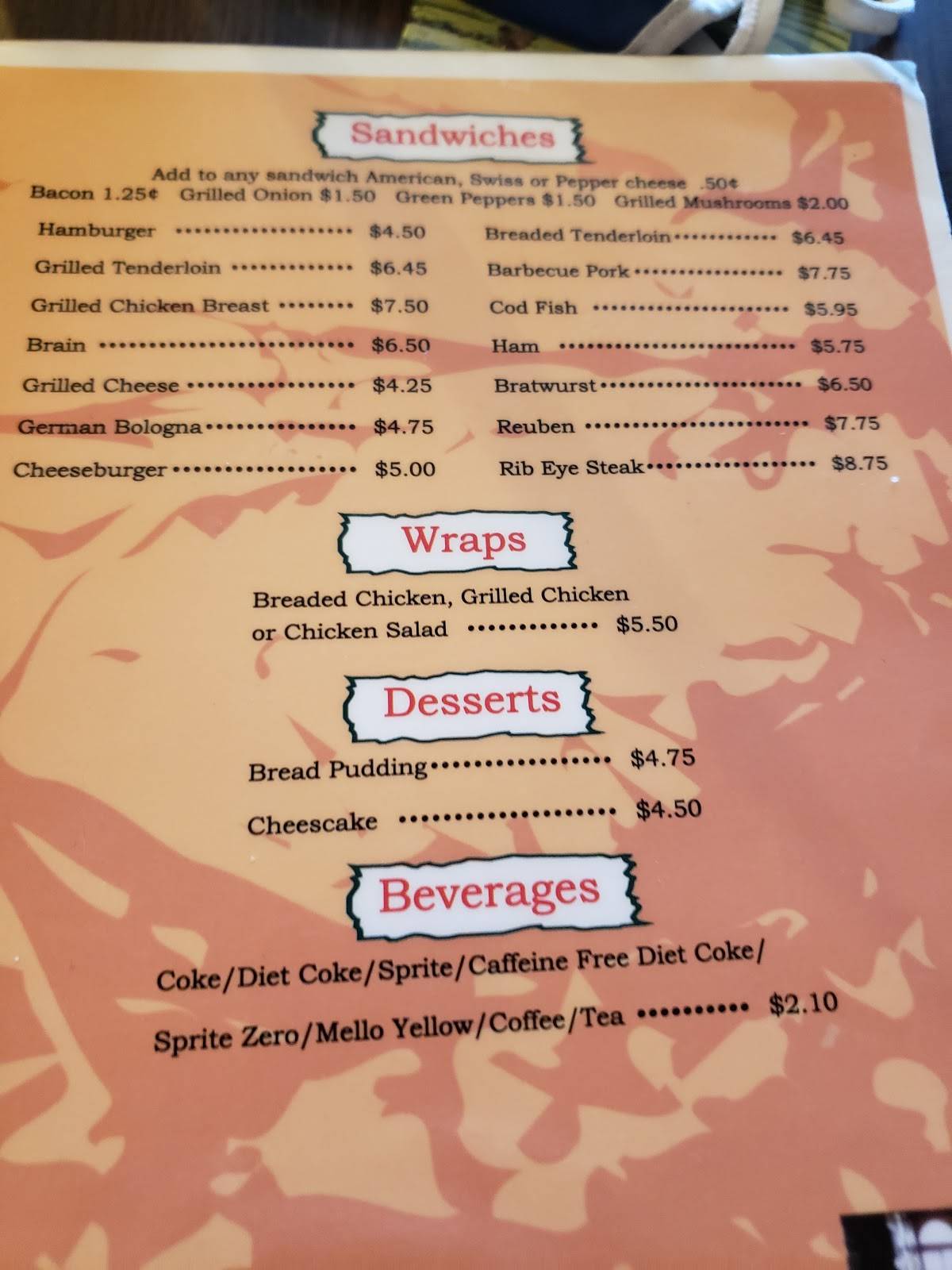 Menu at Yellow Tavern pub & bar, New Harmony