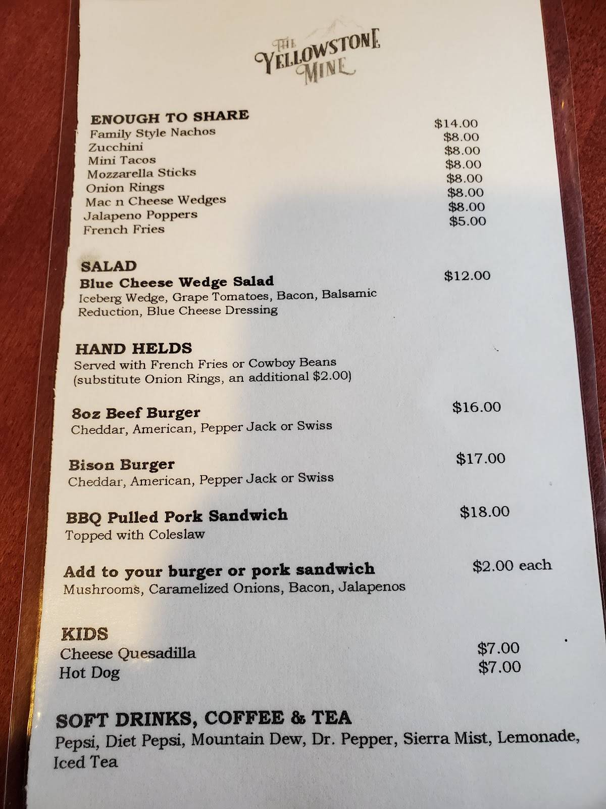 Menu at Yellowstone Mine restaurant, Gardiner