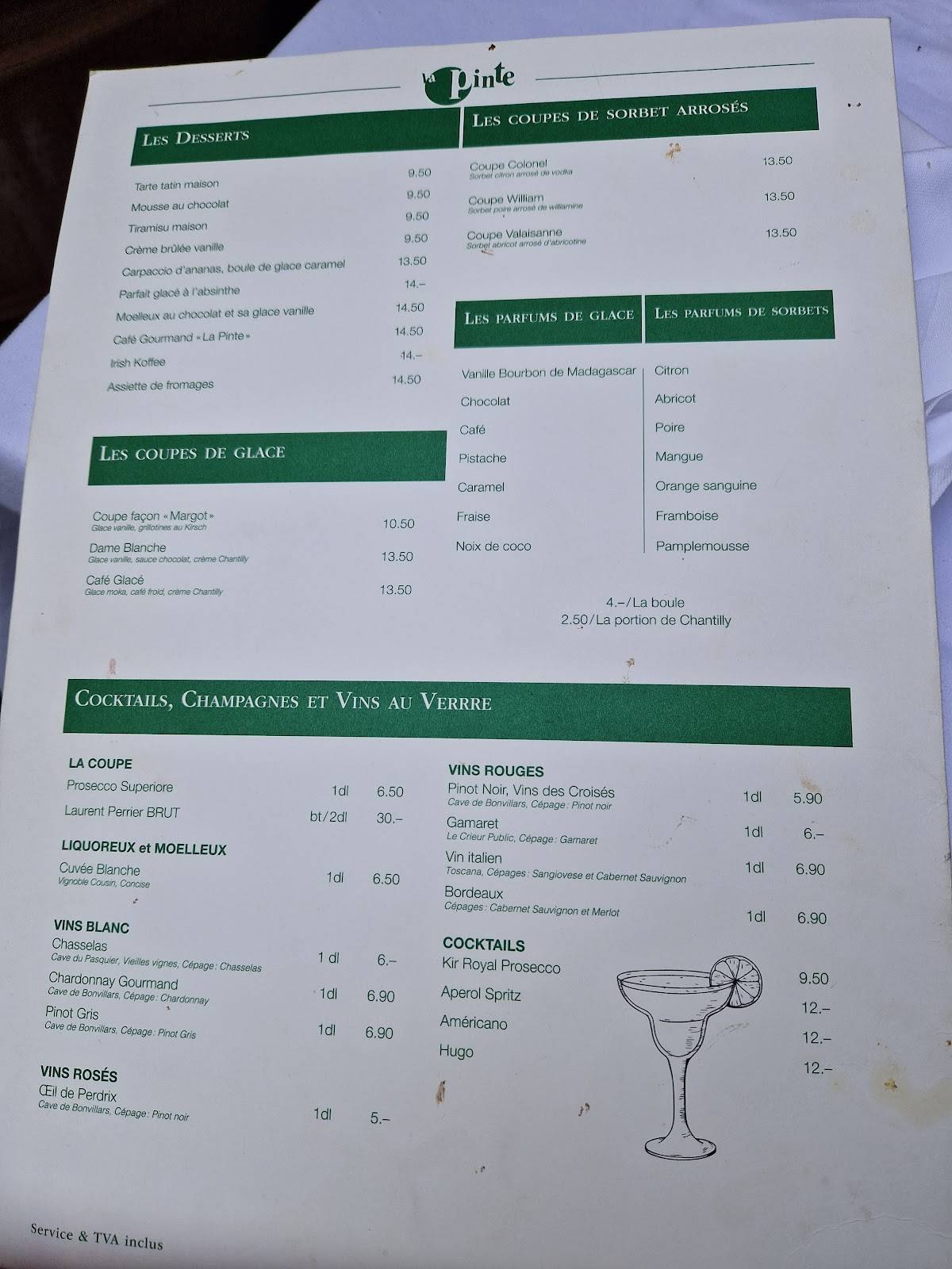 Menu au La Pinte, Yverdon-les-Bains
