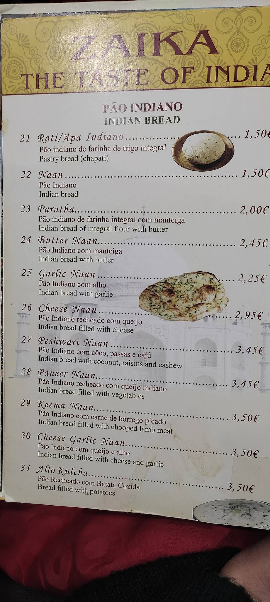 Menu em Zaika-The Taste of India restaurante, Lisboa