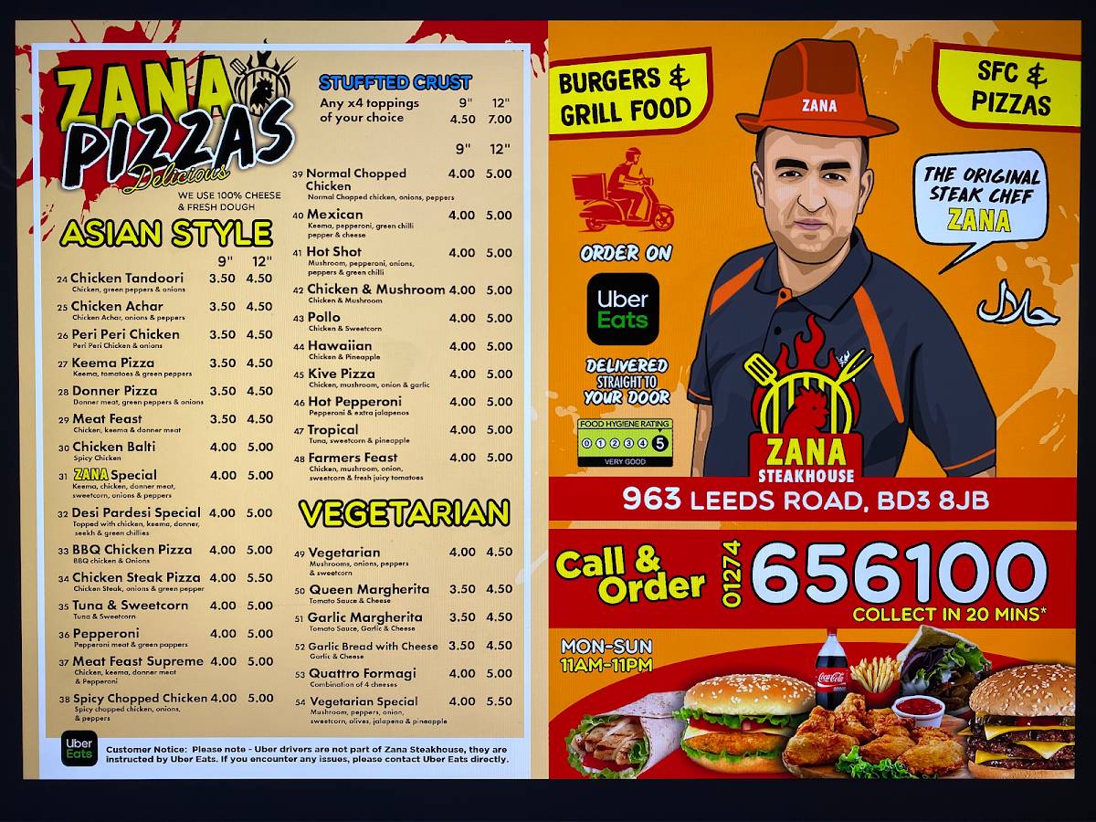 Menu at Zana Steakhouse (The Original - Leeds Road), Bradford