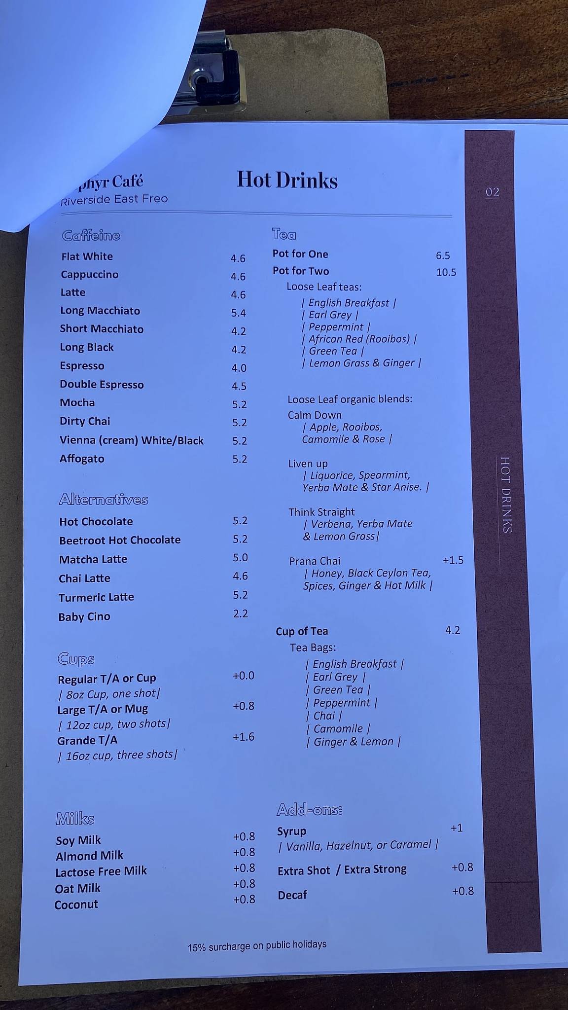 Menu at Zephyr Cafe, East Fremantle