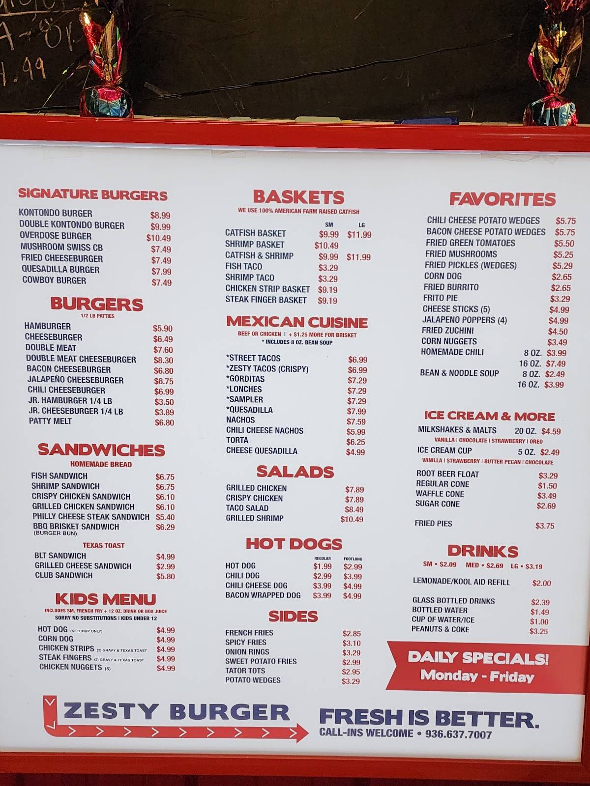 Menu at Zesty Burger fast food, Lufkin