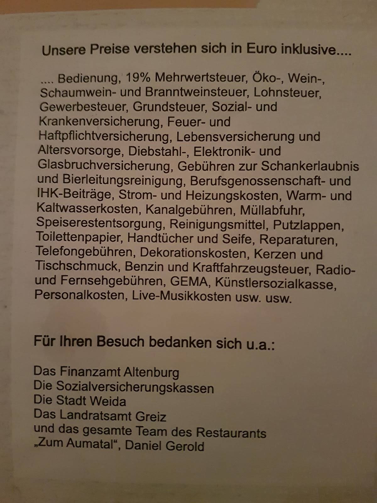 Speisekarte von Restaurant & Pension “Zum Aumatal” - Daniel Gerold, Weida