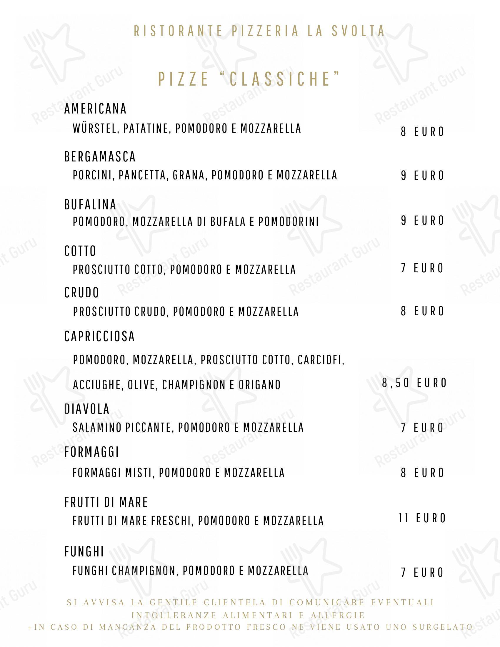 Menu at La Svolta restaurant, Cologno Al Serio