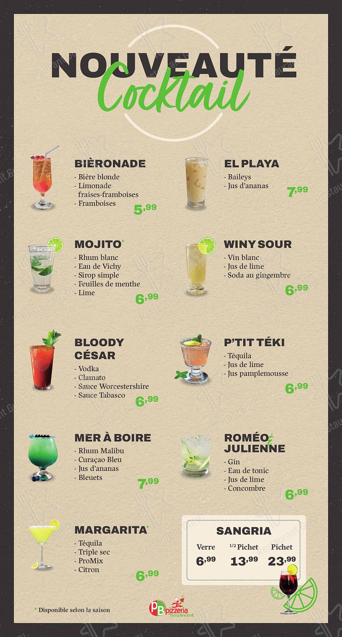 Menu au Pizzeria Du Boulevard, Thetford Mines
