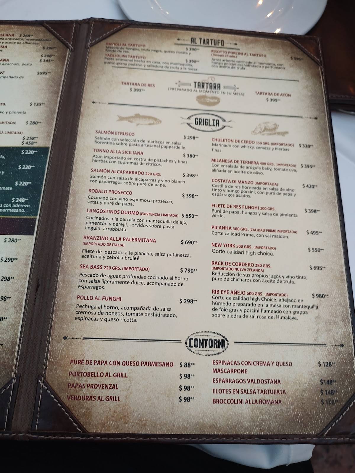 Carta del restaurante il Duomo Cocina Italiana, Santiago del Querétaro