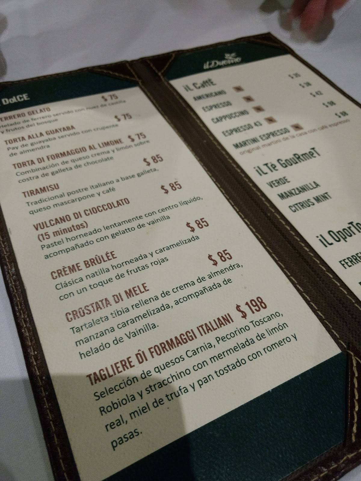 Carta del restaurante il Duomo Cocina Italiana, Santiago del Querétaro
