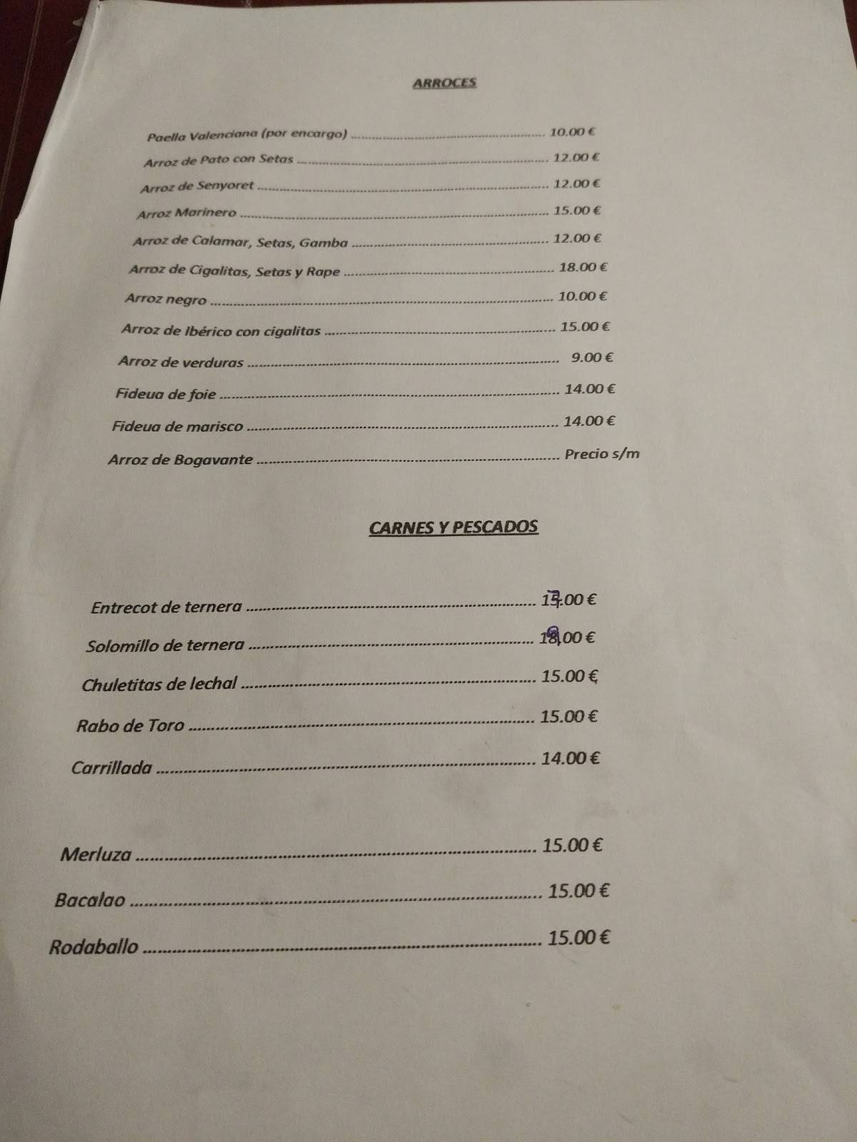 Carta del restaurante la picaeta del carmeta, Játiva