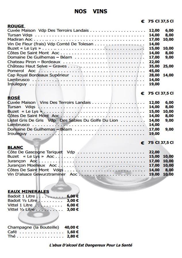 Menu au Restaurant Le Lac de Luc Pouillon, Pouillon