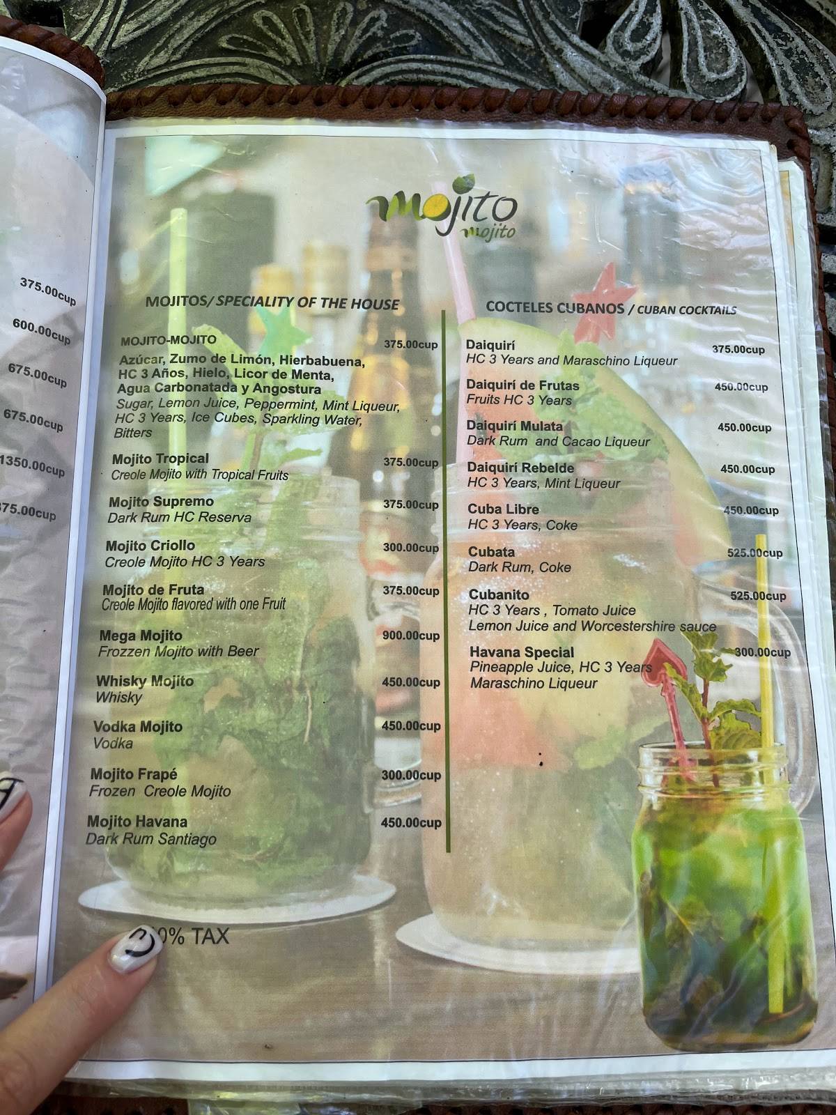 Menu at mojito mojito restaurant, Havana, 4JPX+5QV