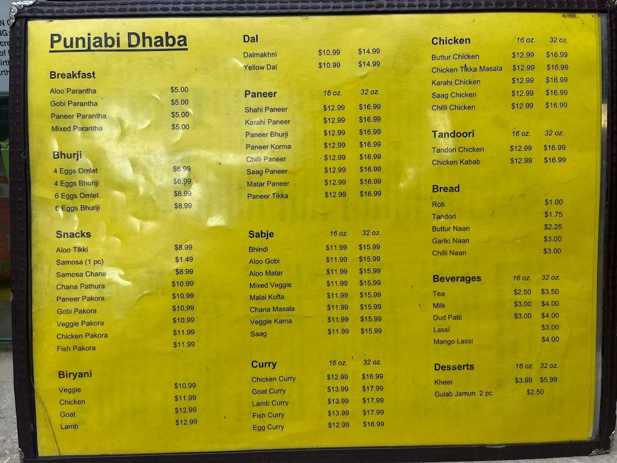 Menu at punjabi Dhaba restaurant, Warren