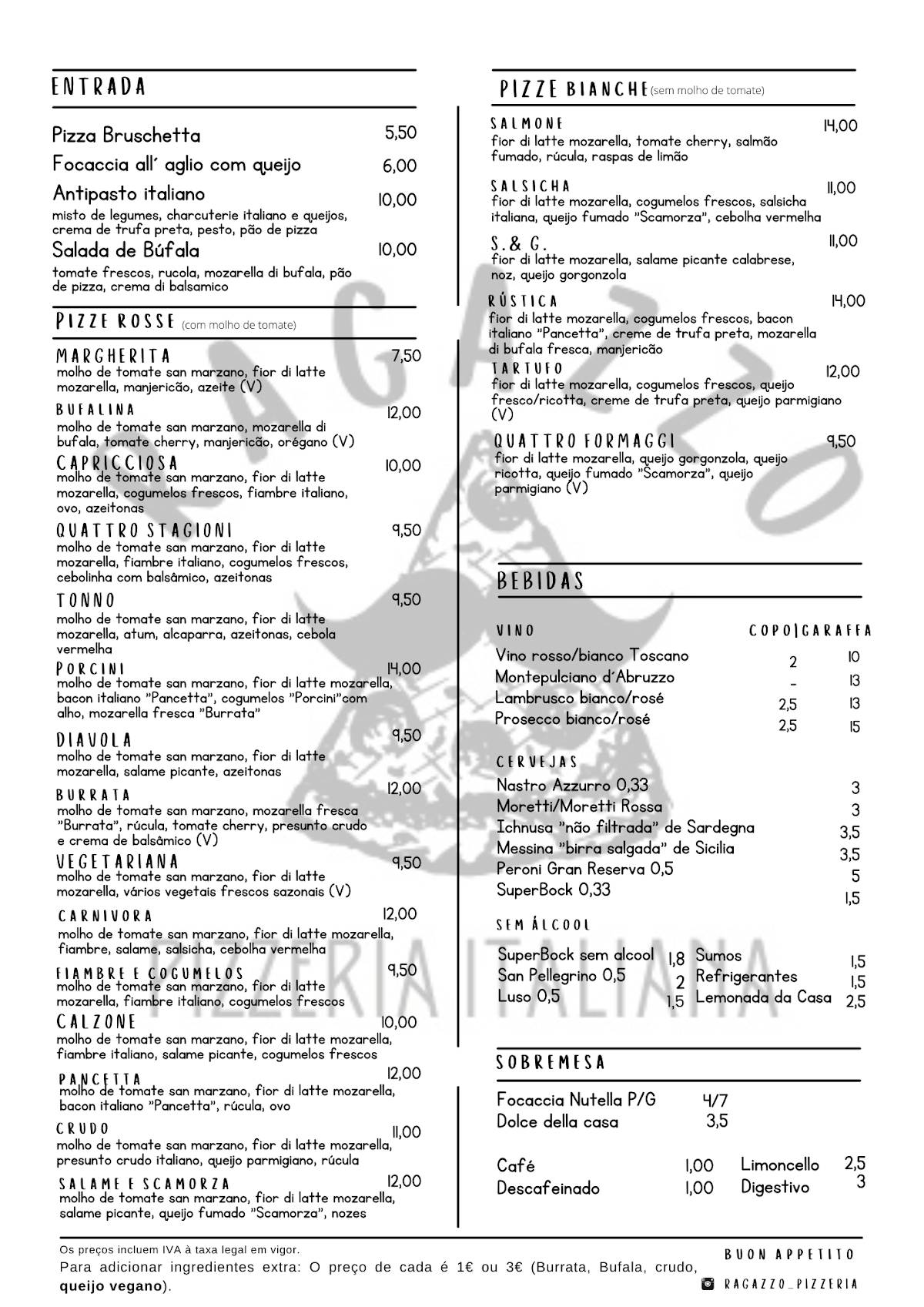 Menu em ragazzo pizzeria, Espinho