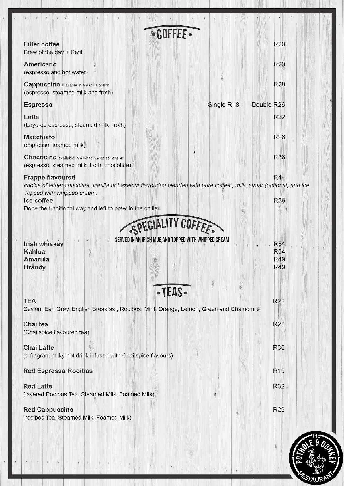 Menu at the Pothole & Donkey restaurant, Grahamstown
