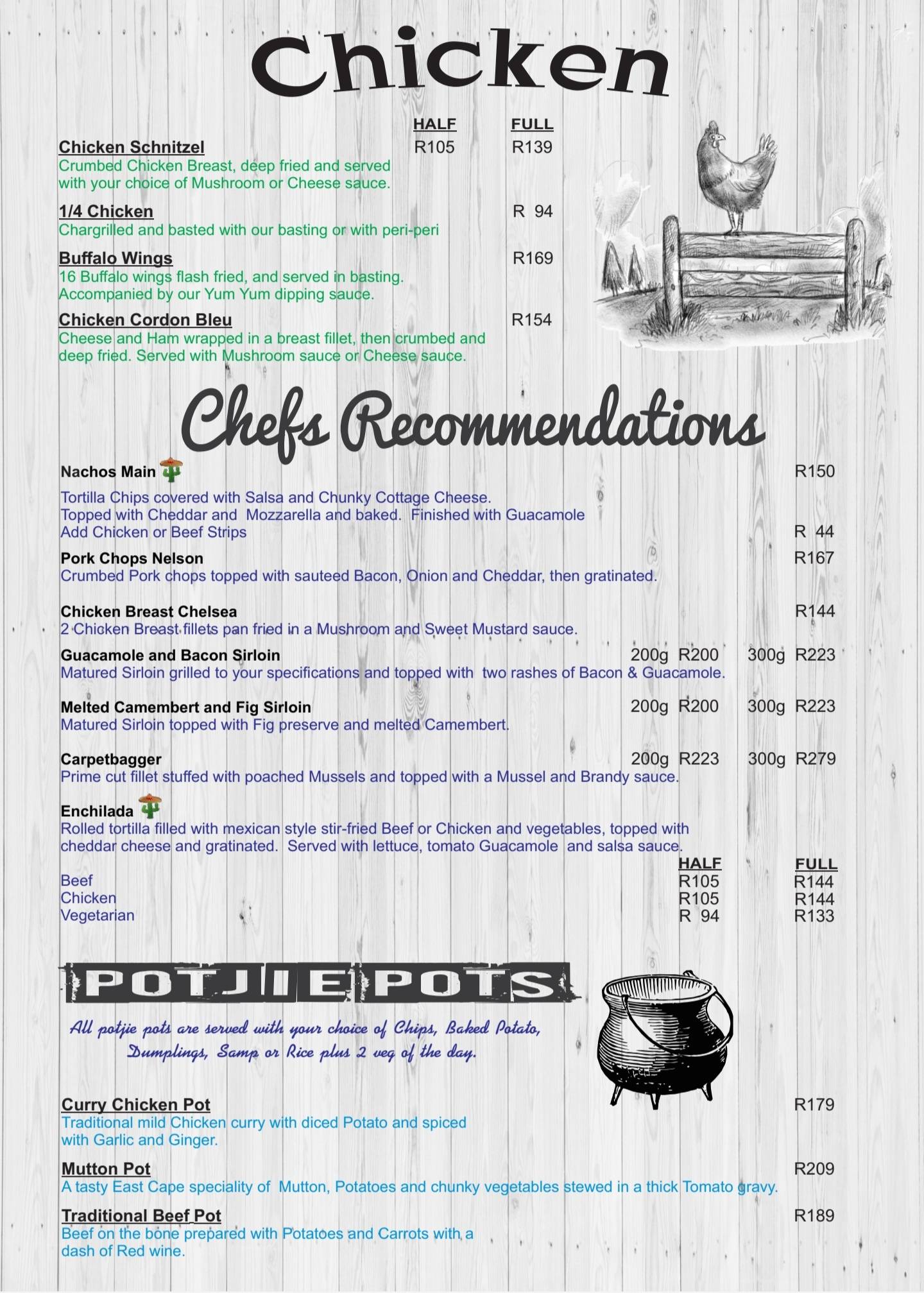 Menu at the Pothole & Donkey restaurant, Grahamstown