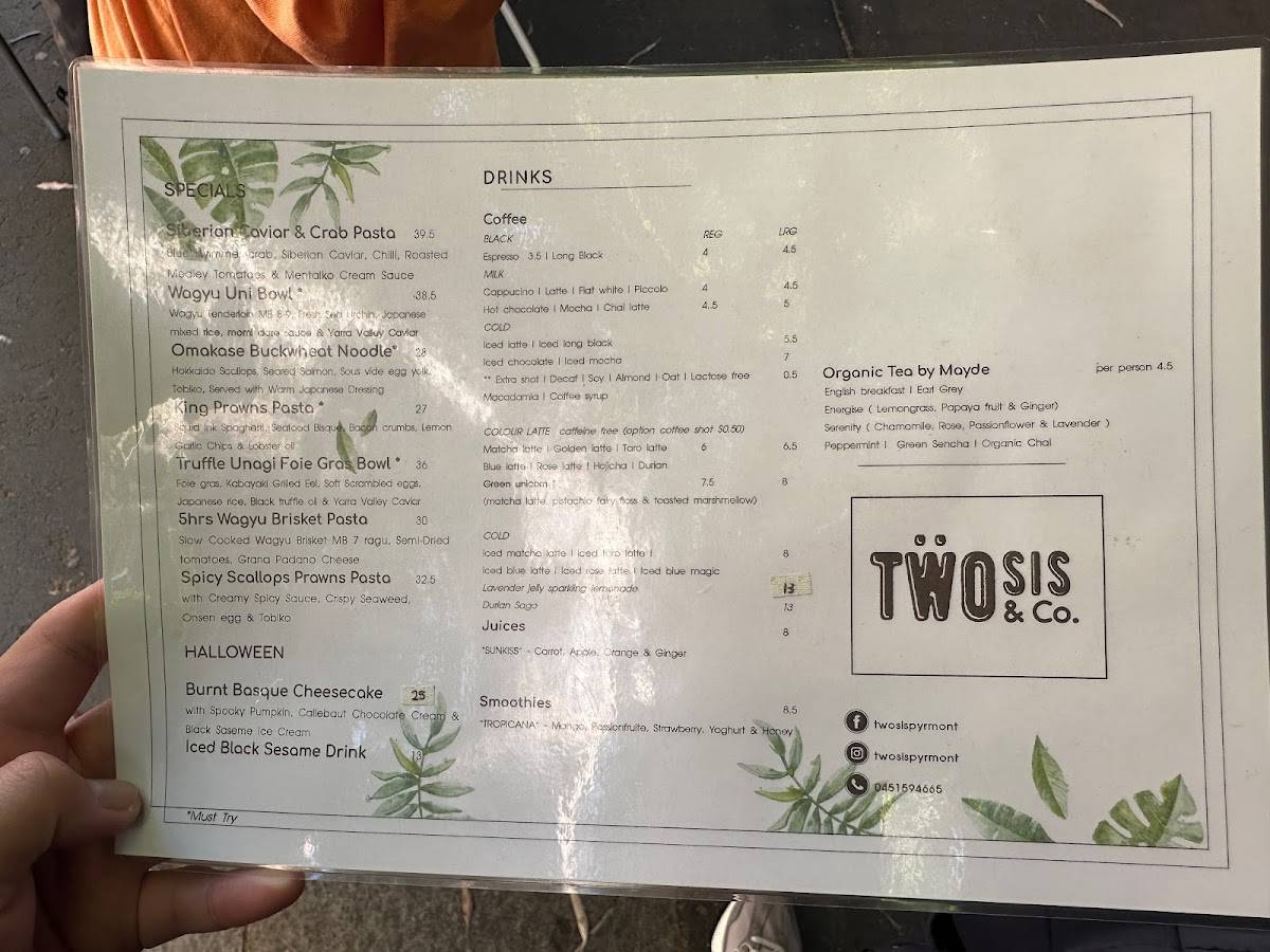 Menu at two sis & co cafe, Pyrmont