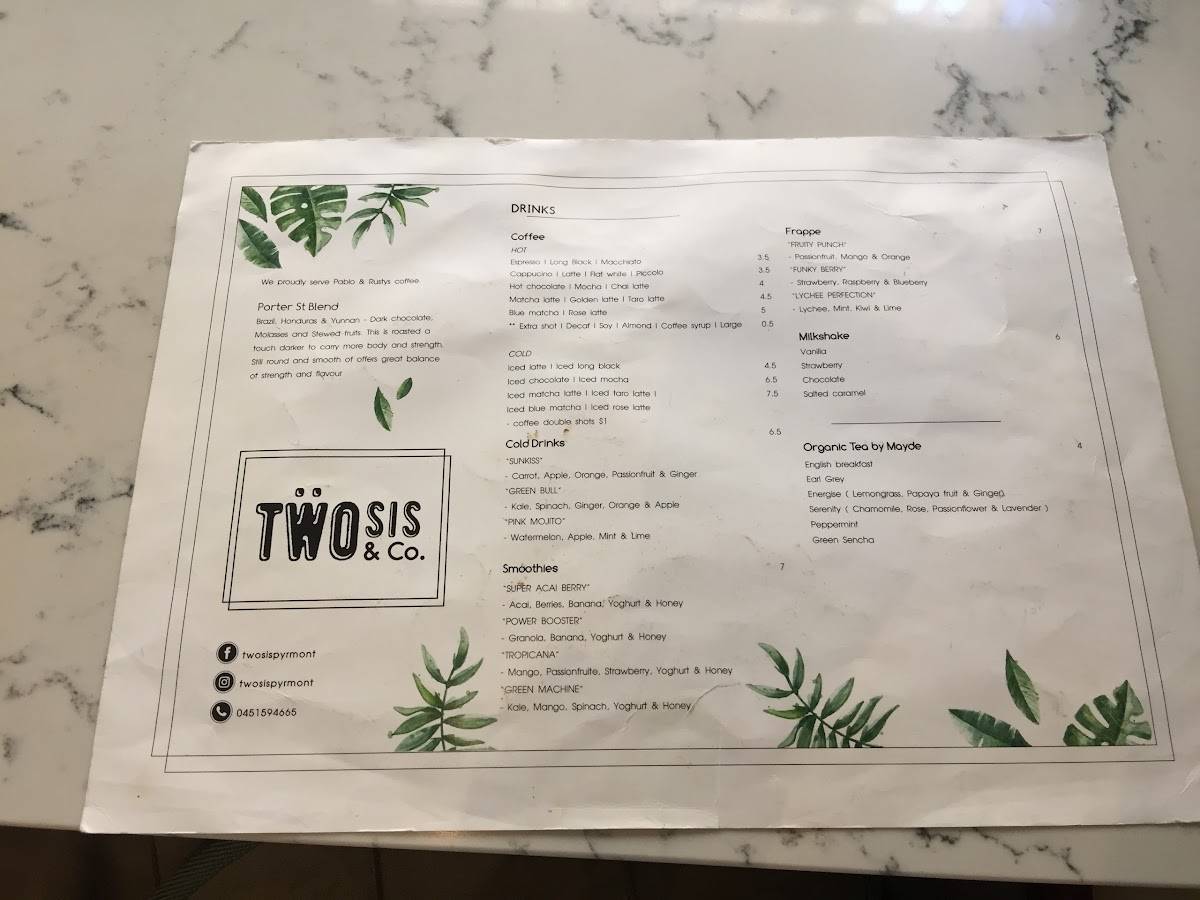 Menu at two sis & co cafe, Pyrmont