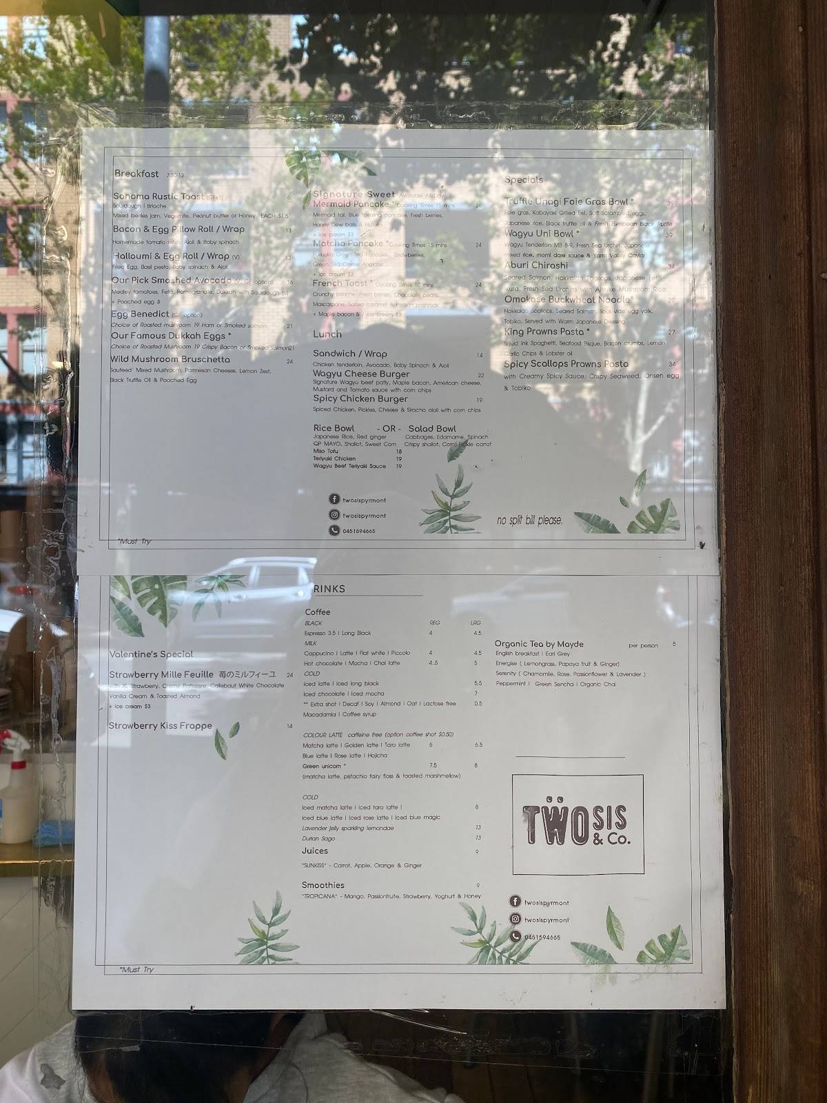 Menu at two sis & co cafe, Pyrmont