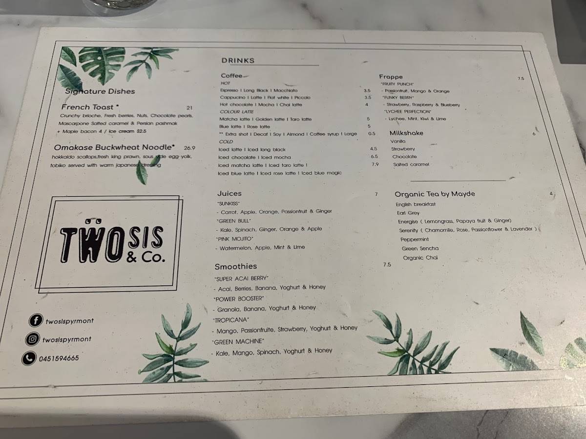 Menu at two sis & co cafe, Pyrmont