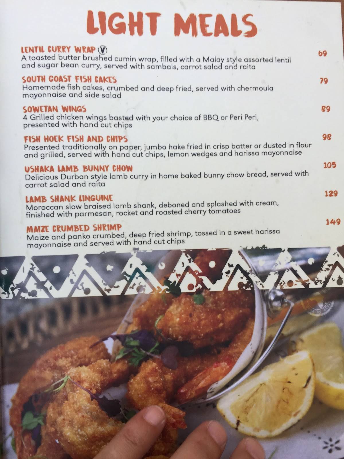 Menu at moyo Zoo Lake restaurant, Johannesburg