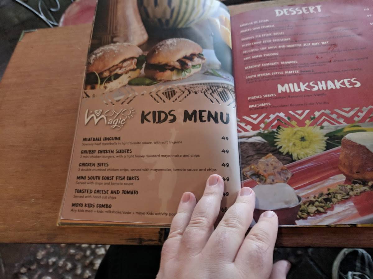 Menu at moyo Zoo Lake restaurant, Johannesburg
