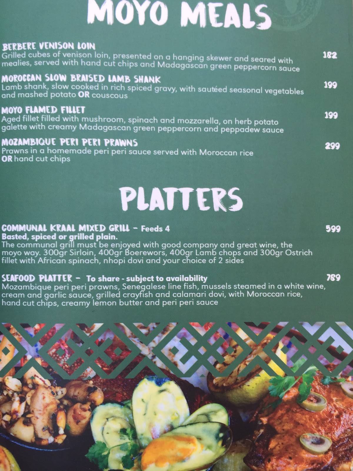 Menu at moyo Zoo Lake restaurant, Johannesburg