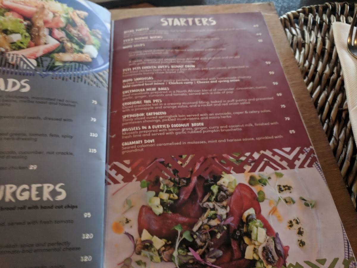 Menu at moyo Zoo Lake restaurant, Johannesburg