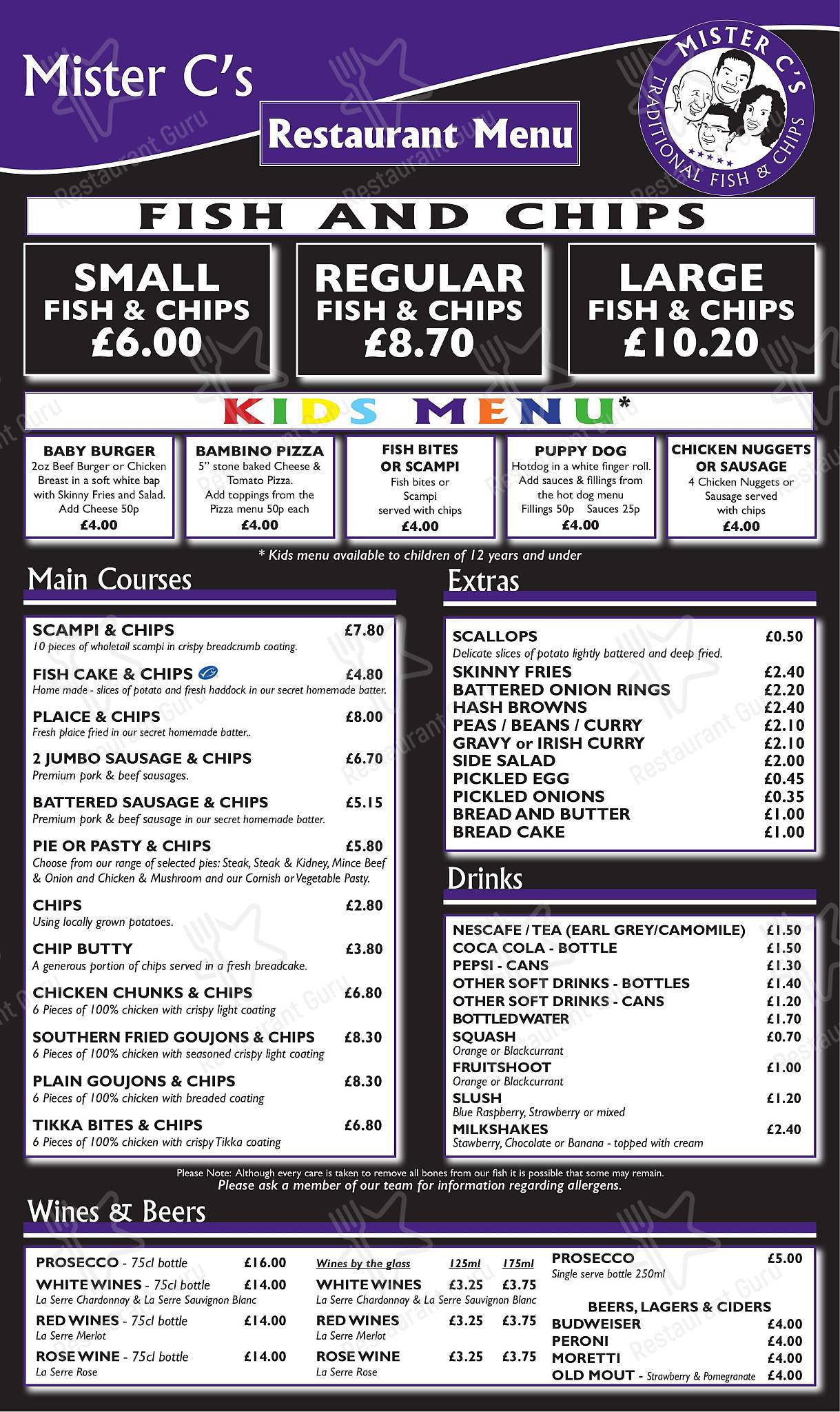 Menu at Mister C's fast food, Selby